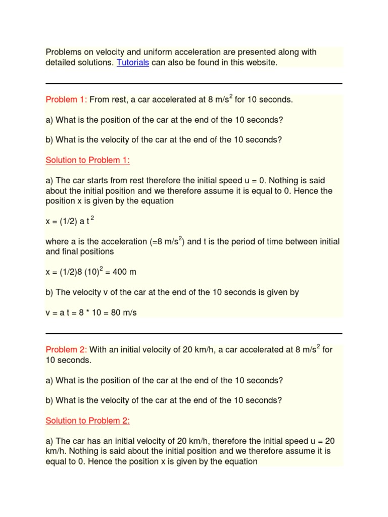 Uniform Acceleration Problems With Solutions | PDF | Acceleration ...