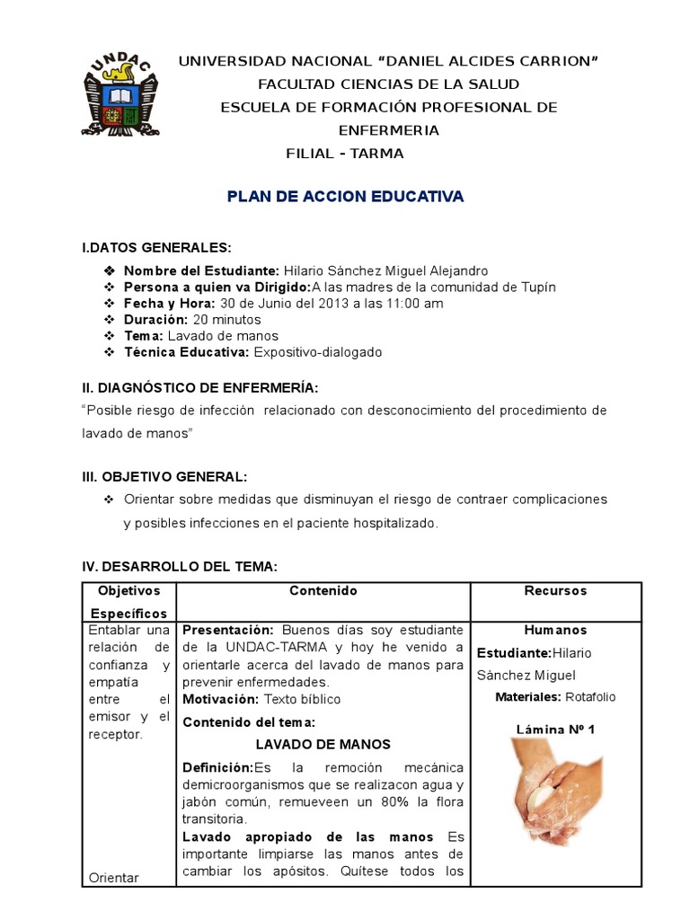 Plan de Charla Lavado de Manos | PDF | Lavado de manos | Enfermedades y trastornos