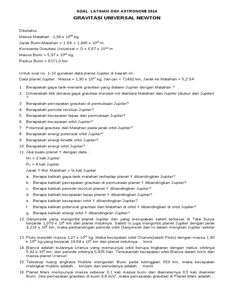 Latihan Soal OSK OSP OSN Astronomi Gravitasi Newton | PDF