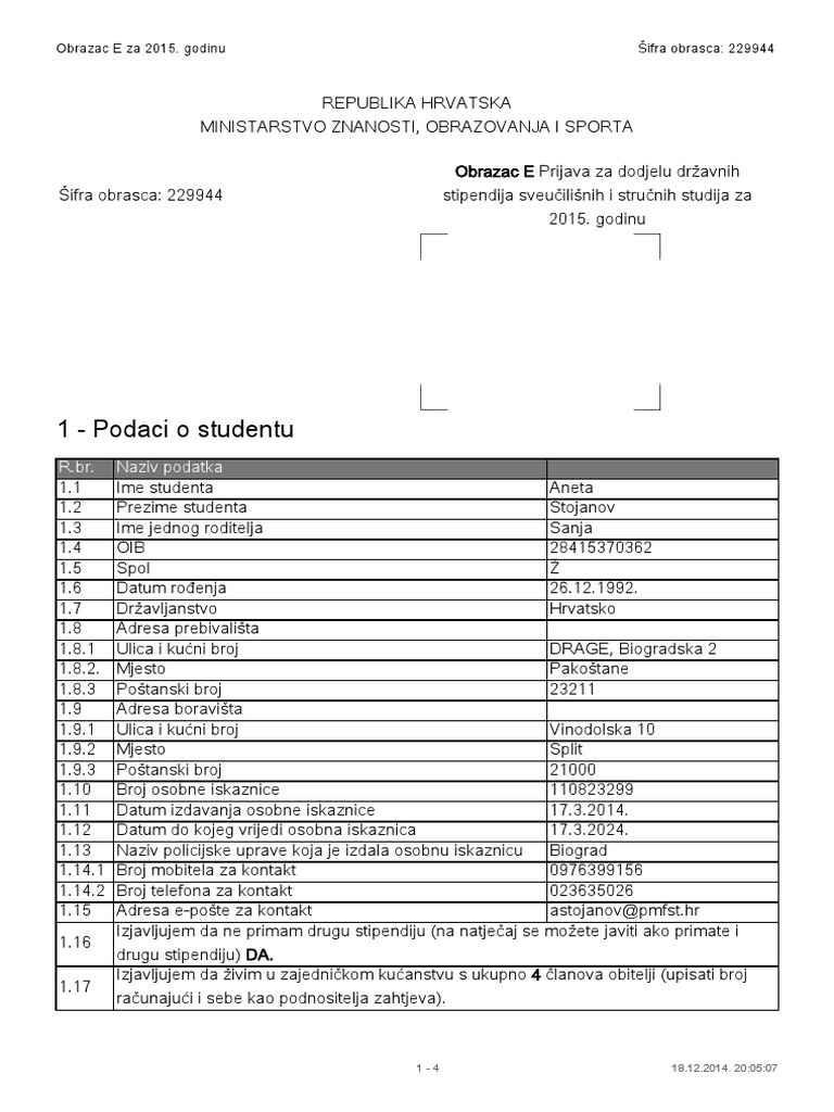 Obrazac E Za 201 Godinu | PDF
