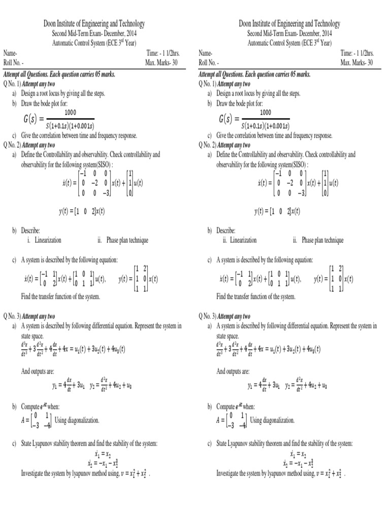 Automatic Control System Sessional Paper PDF
