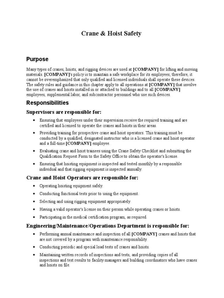 Sample Crane and Hoist Safety Program | PDF