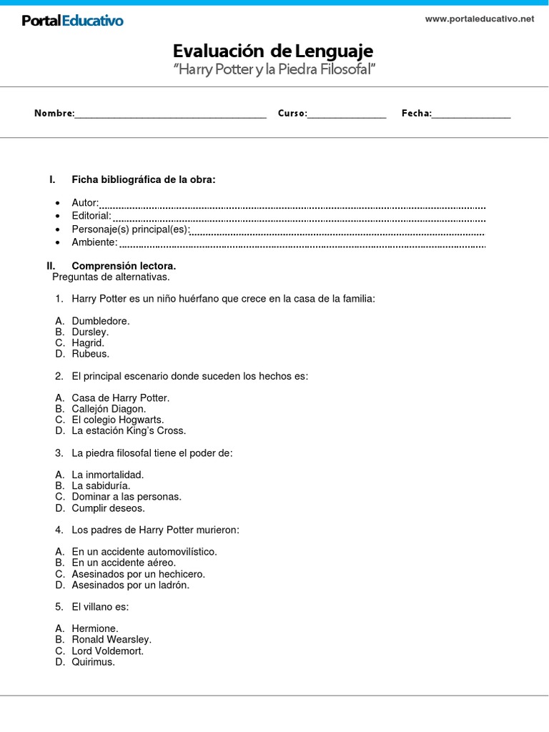 Prueba Libro Harry Potter y La Piedra Filosofal | PDF | Harry Potter ...