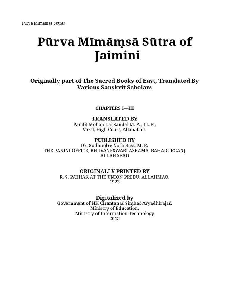 Purva Mimamsa Sutra (Prastavana Only) | Hindu Philosophical Concepts ...