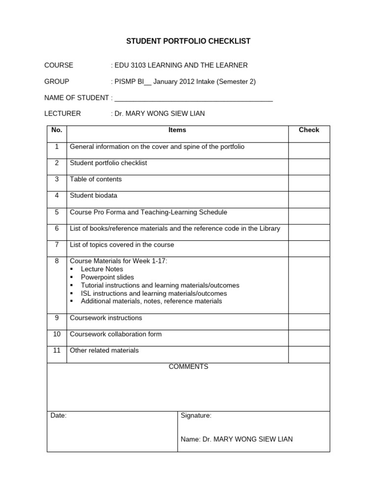 Student Portfolio Checklist: No. Items Check | PDF | Applied Psychology ...