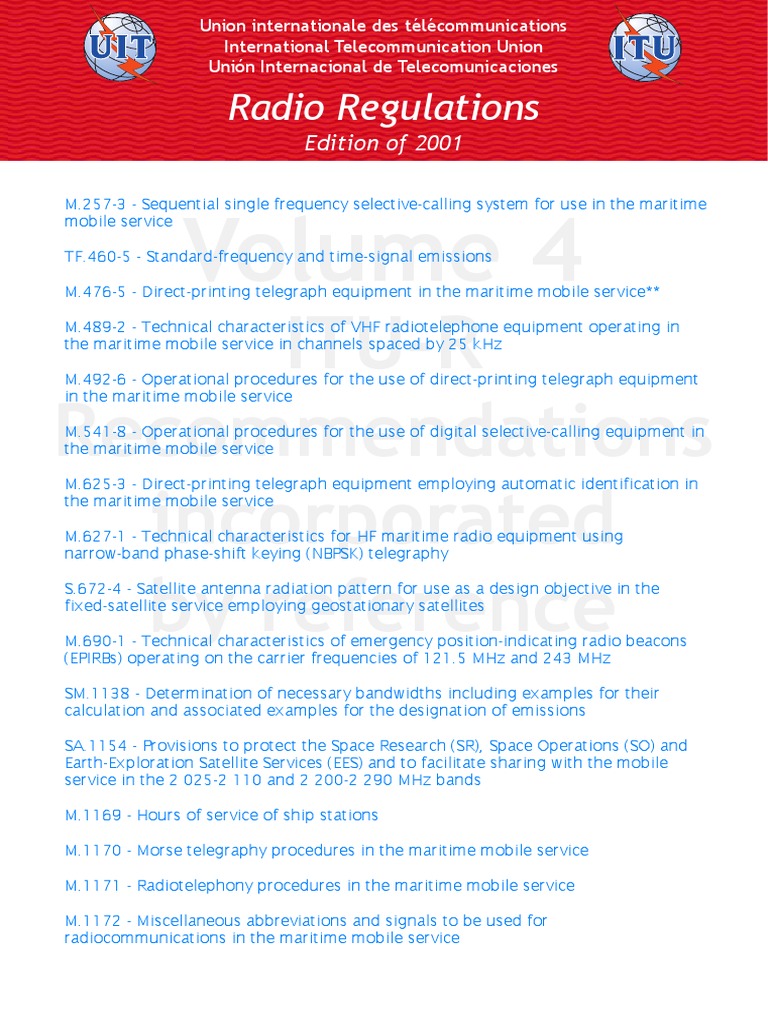 Itu-R Recommendations Incorporated by Reference: Radio Regulations ...