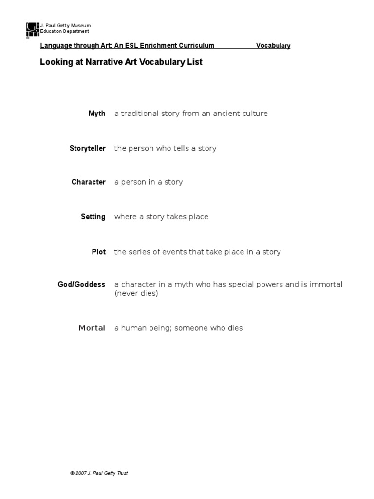Looking at Narrative Art Vocabulary List: Language Through Art: An ESL ...