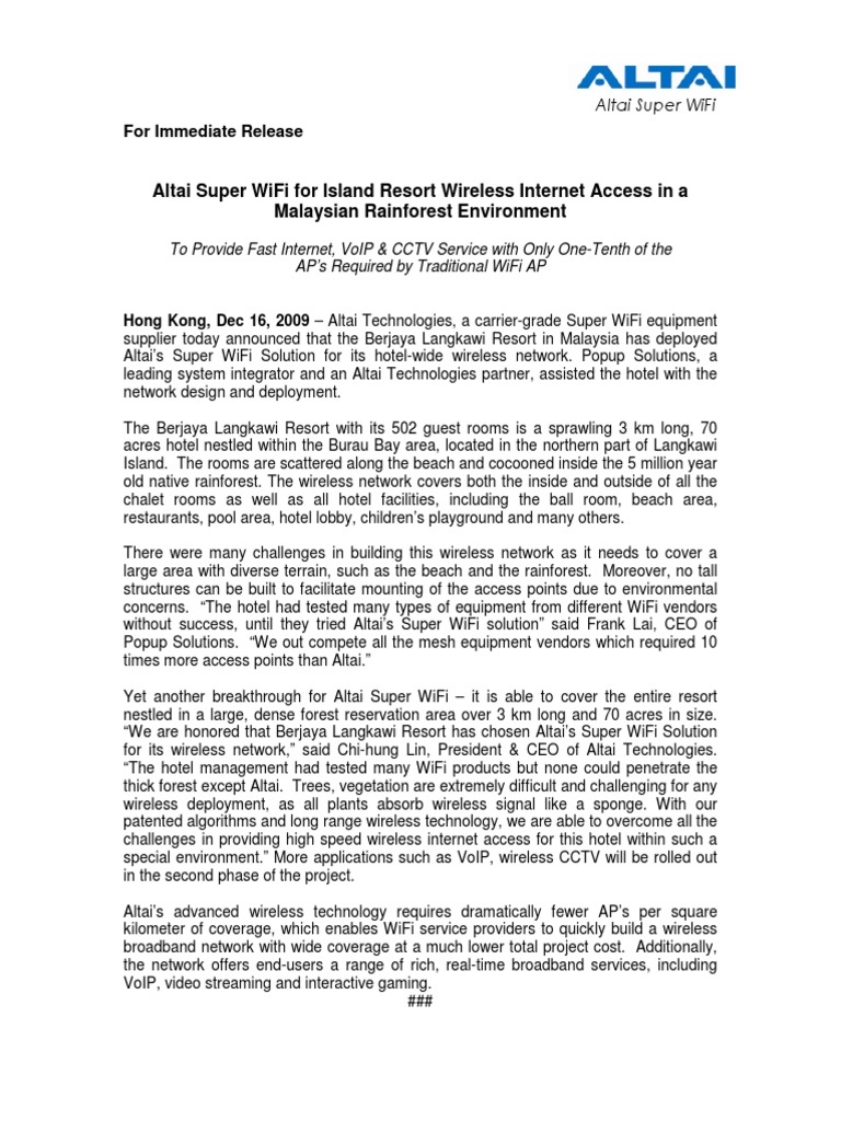 Altai Super WiFi For Island Resort Wireless Internet Access in A ...