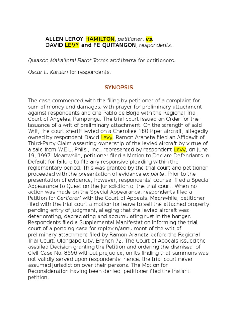 Hamilton Vs Levy | PDF | Certiorari | Service Of Process