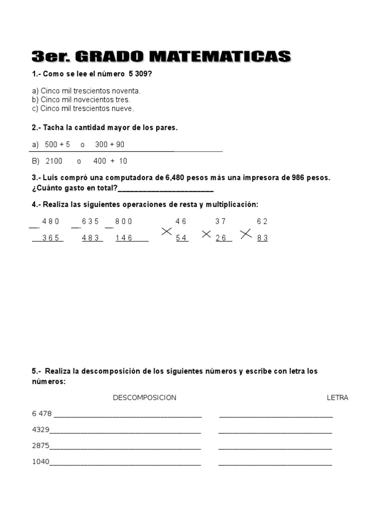 Examen Semestral Tercer Grado Matematicas