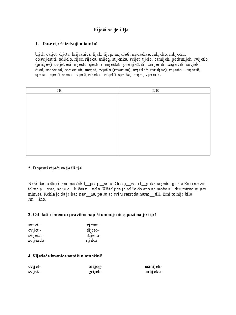 Riječi sa je i ije | PDF