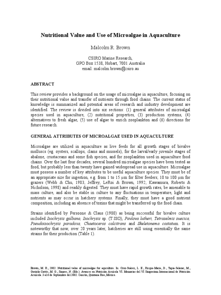 Nutritional Value and Use of Microalgae in Aquaculture: Malcolm R ...