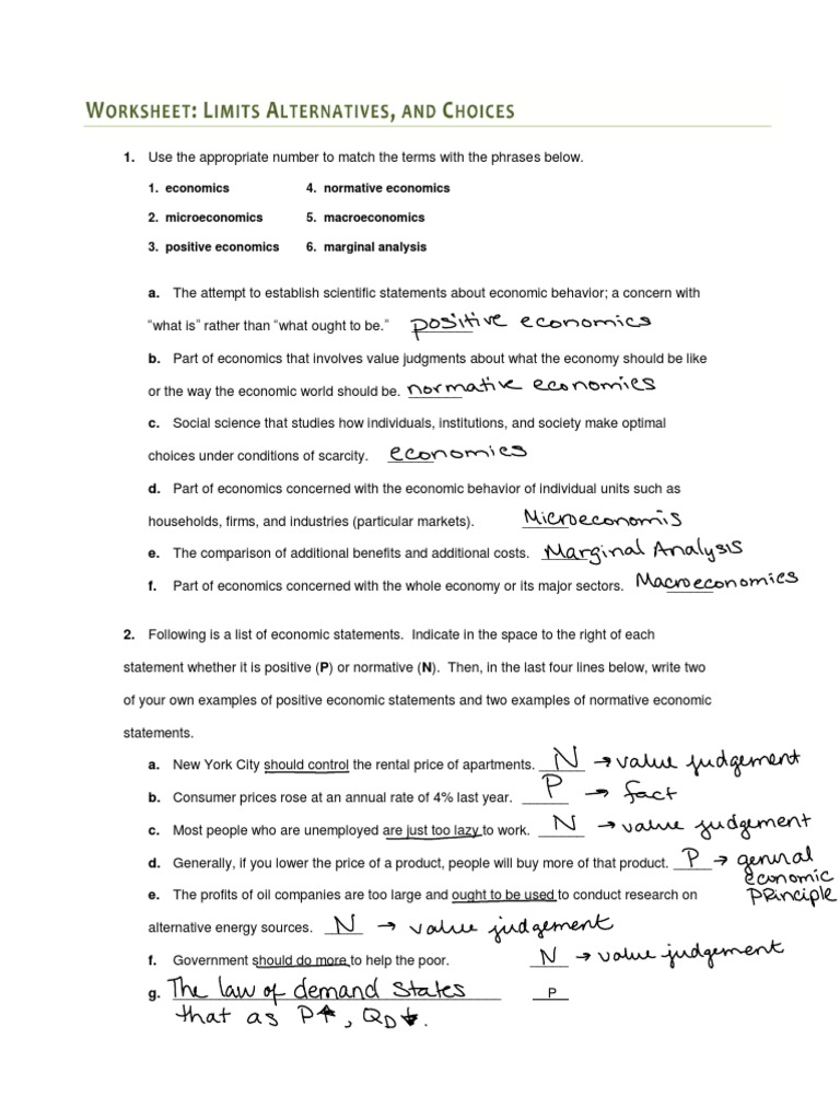 Worksheet Key - Limits, Alternatives & Choices | PDF | Economics ...