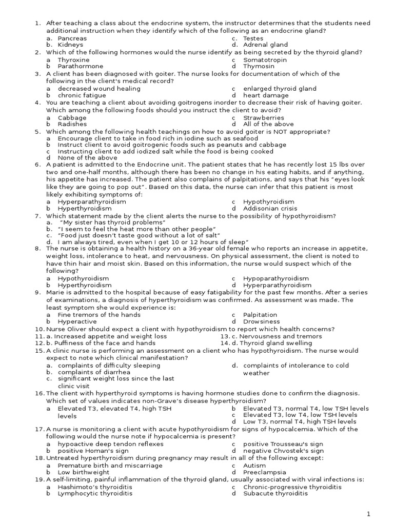 ENDOCRINE SAMPLE EXAM | Hyperthyroidism | Hypothyroidism