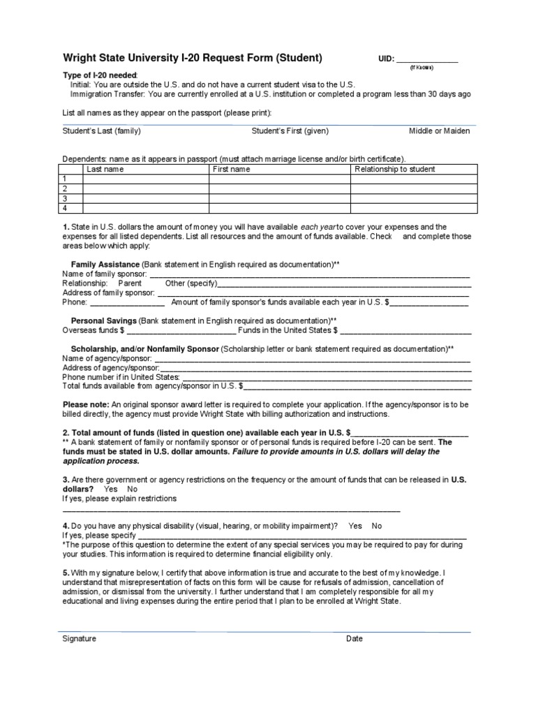 Wright State I-20 Request Form | PDF | Government | Business