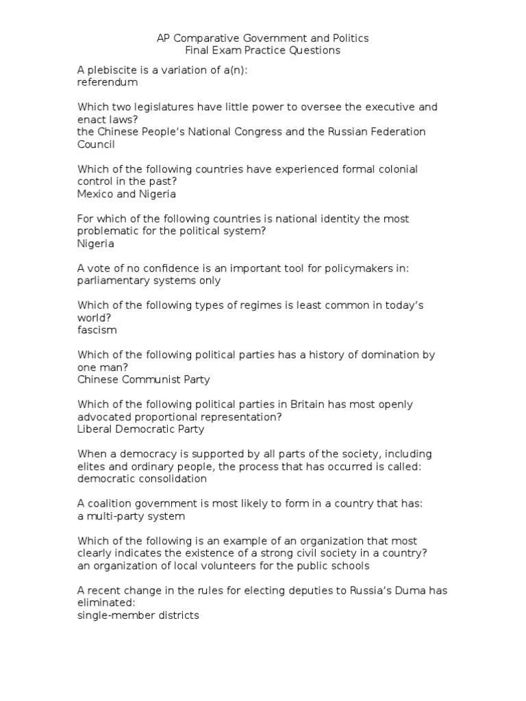 AP Comparative Gov't and Politics Final Exam | Political Parties ...