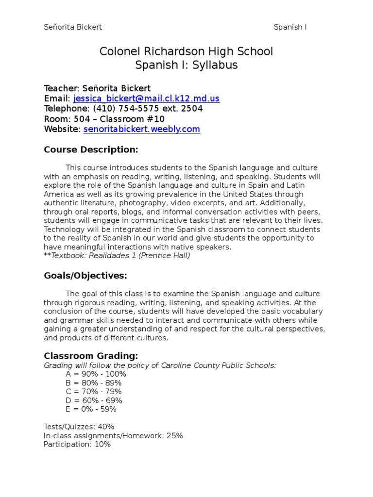 Bickert Spanish 1 Syllabus Semester 2 | PDF | Homework | Test (Assessment)
