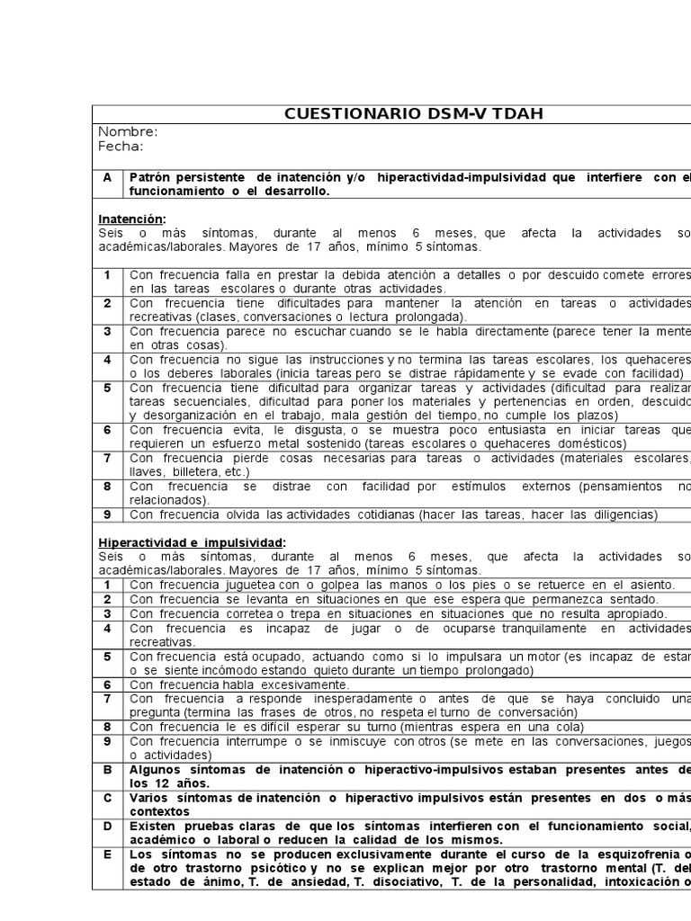 Cuestionario Dsm-V Tdah | Desorden hiperactivo y deficit de atencion ...
