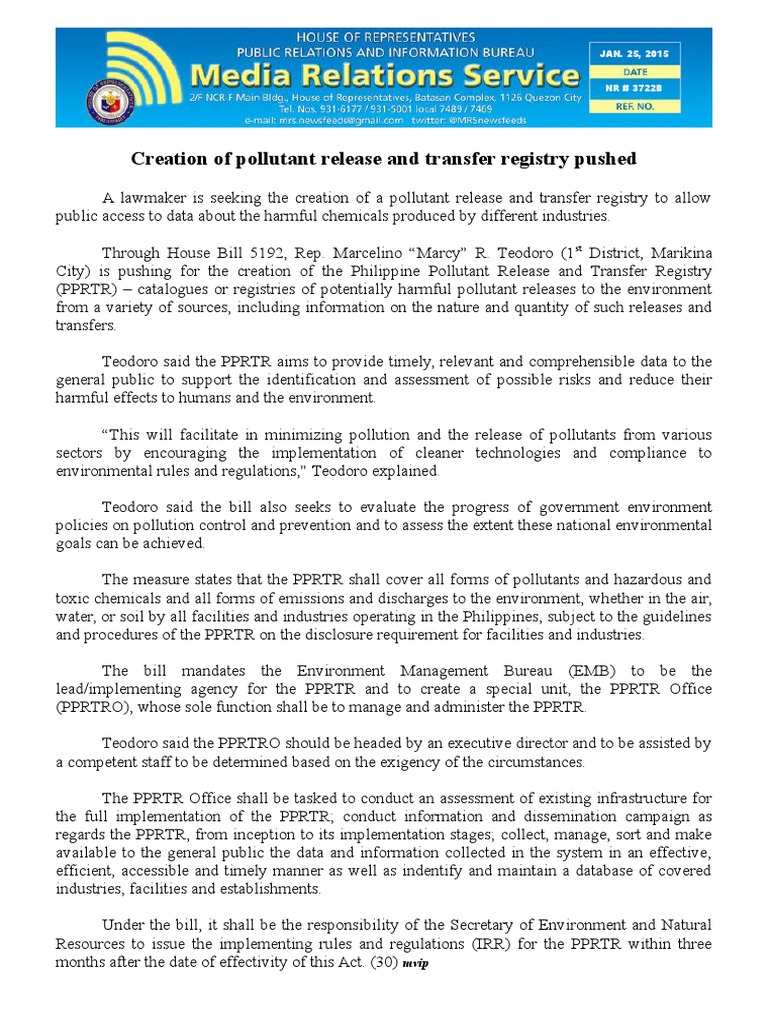 Jan25.2015 Bcreation of Pollutant Release and Transfer Registry Pushed ...