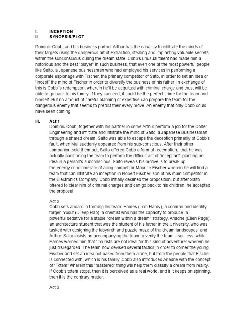 I. Inception II. Synopsis/Plot | PDF | Crime Thriller