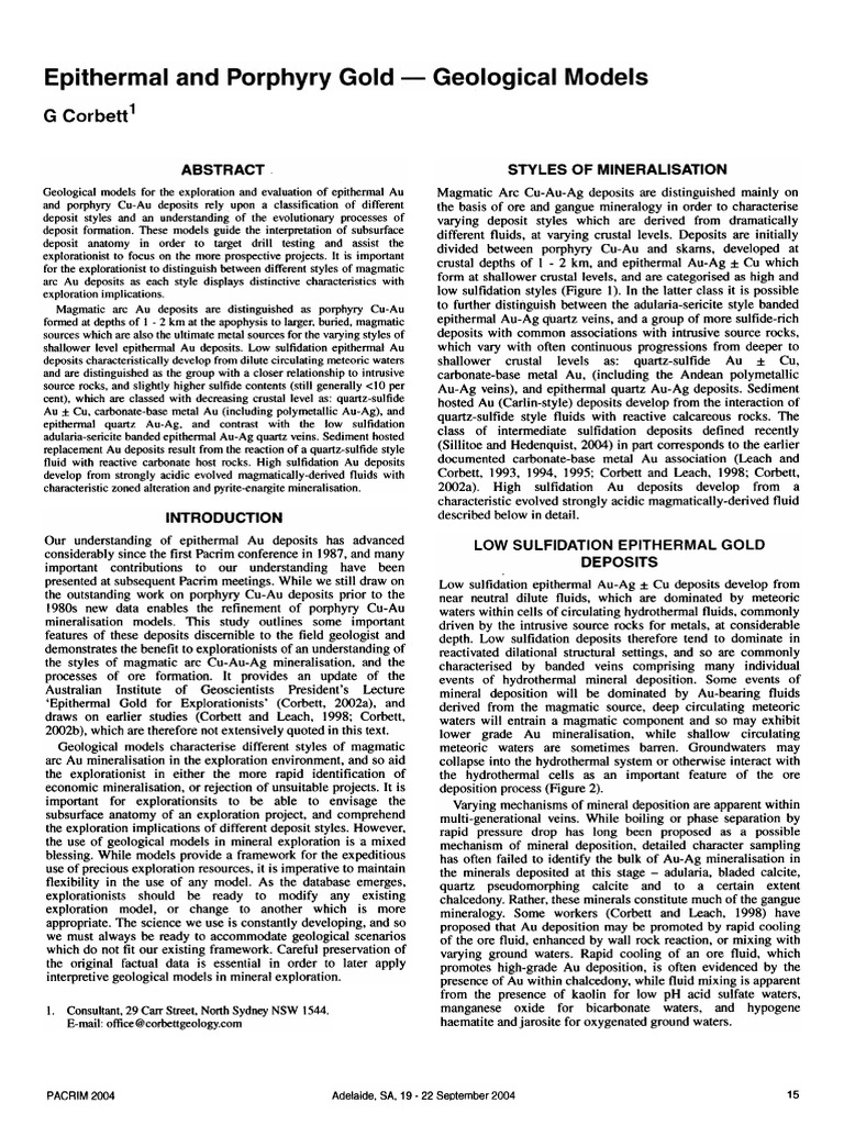 Epithermal and Porfiri Gold-Geological Model | PDF | Gold | Minerals