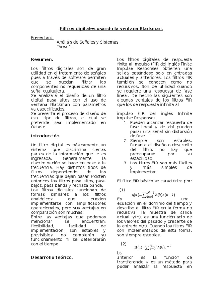 Filtros Digitales Usando La Ventana Blackman | PDF | Filtro electronico | Ingenieria Eléctrica
