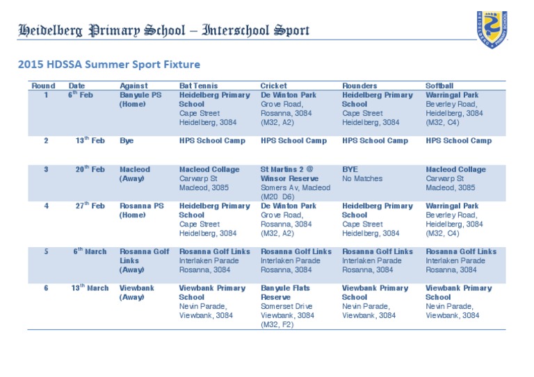 2015 Summer Sport Fixture | PDF