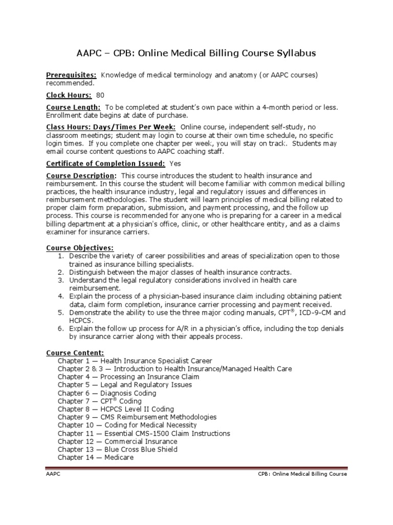 CPB Online Medical Billing Syllabus - 11th - 4!17!13 | Download Free ...