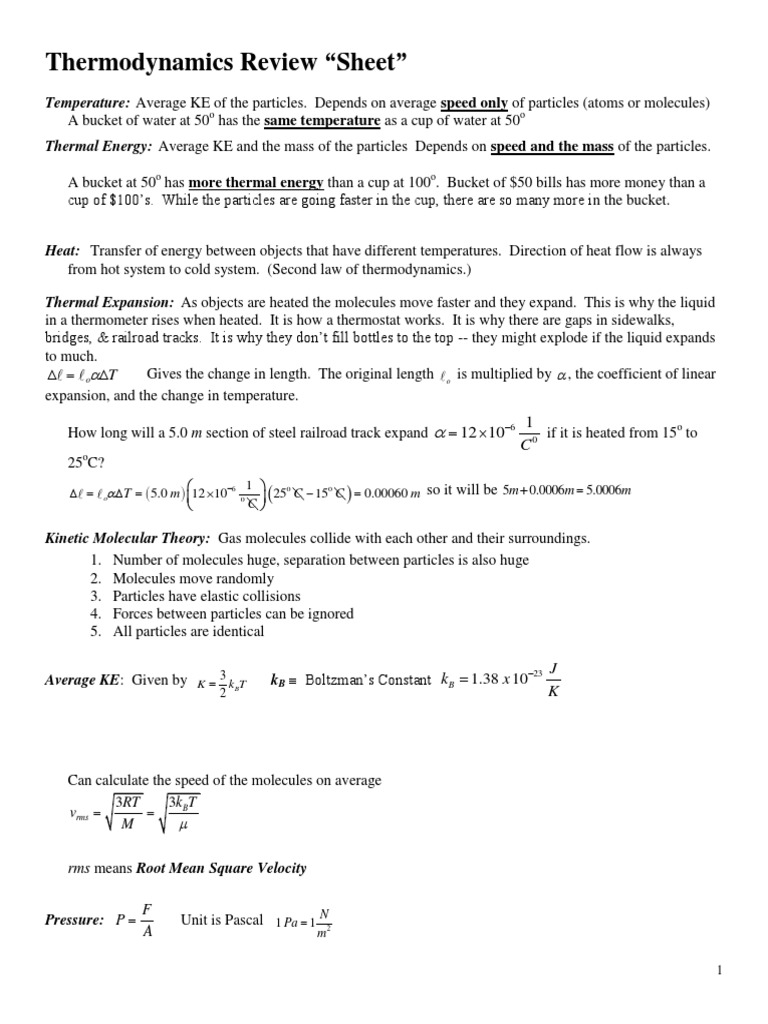 Thermodynamics Review Sheet Key Concepts | PDF | Heat | Gases