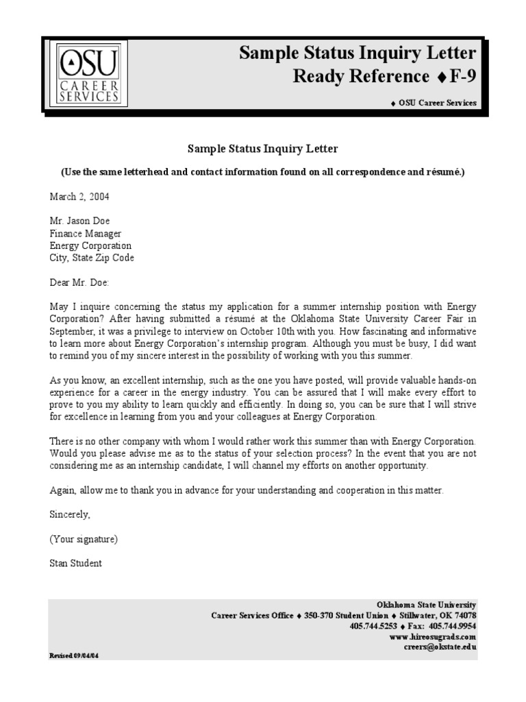 Sample Status Inquiry Letter | PDF | Career & Growth | Law