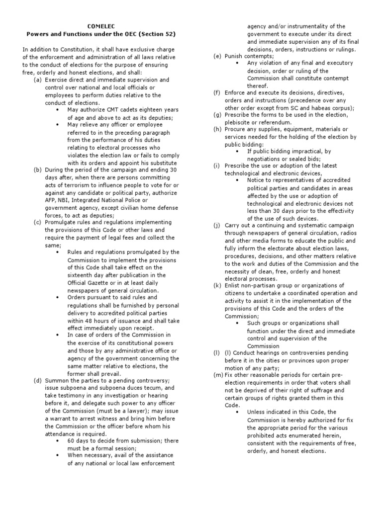 COMELEC Powers and Responsibilities | PDF | Commission On Elections ...
