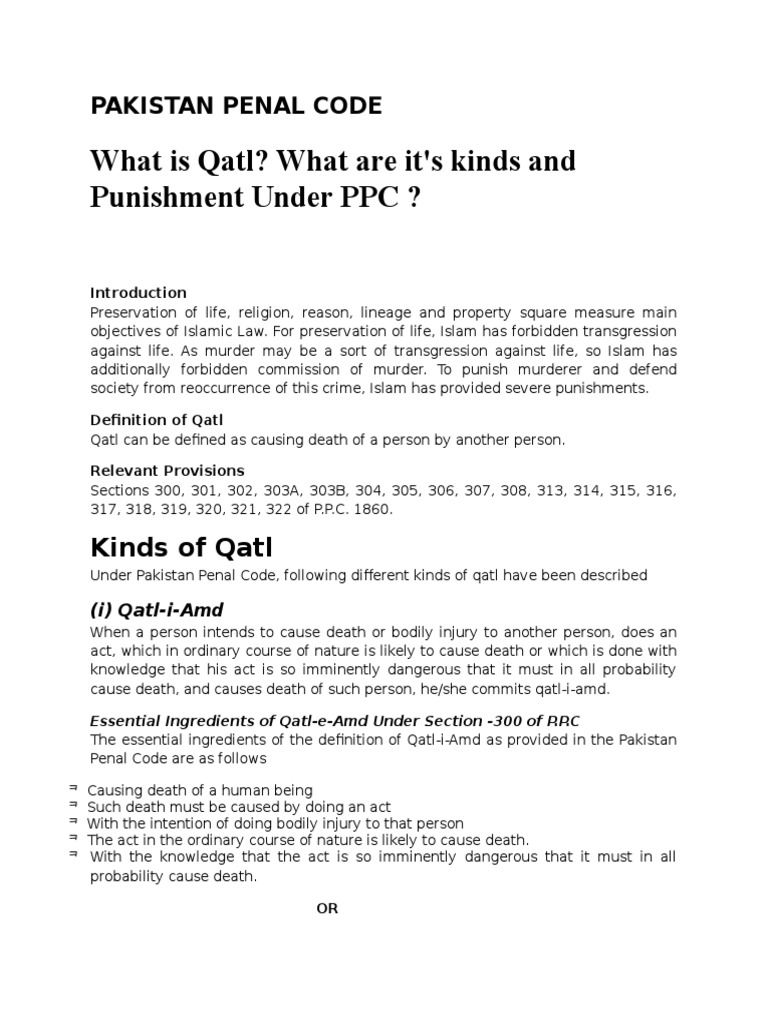 Types and Punishments of Qatl in PPC | PDF | Intention (Criminal Law ...