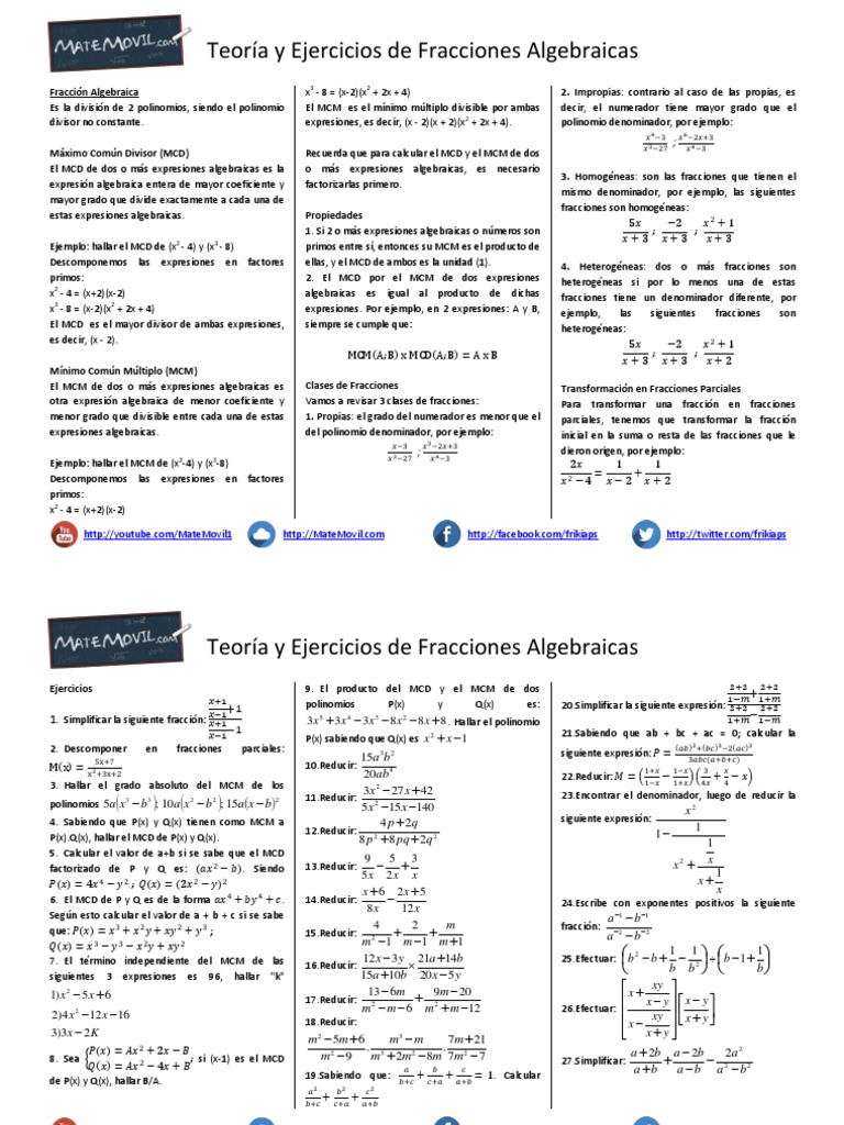 Teoría y Práctica de Fracciones Algebraicas PDF | PDF | Fracción ...