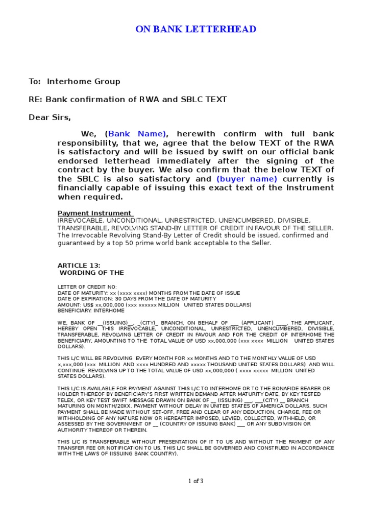 RWA SBLC TEXT Bank Approval Form | PDF | Letter Of Credit | Money