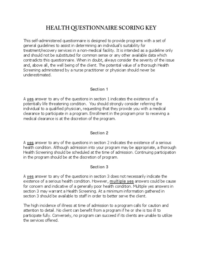 Health Questionnaire Scoring Key: Section 1 | PDF | Hypertension ...