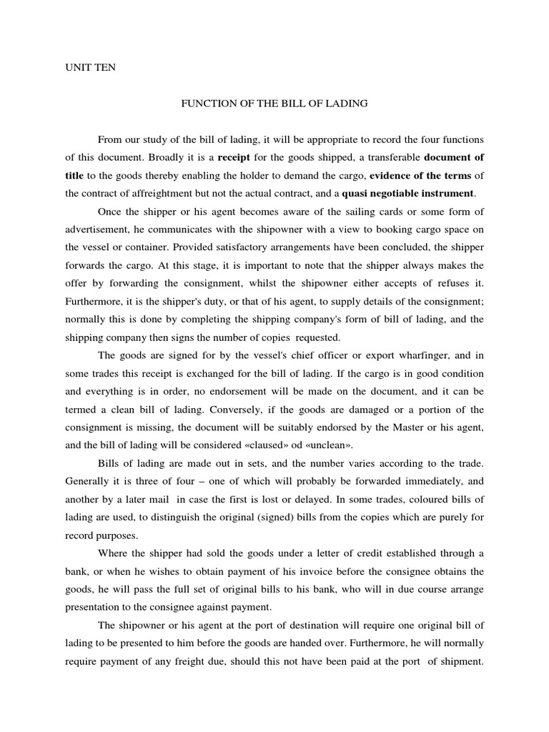 Function of The Bill of Lading | PDF