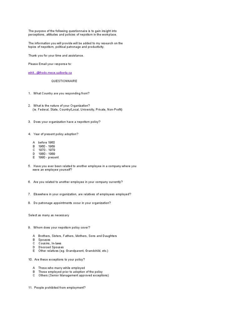 Workplace Nepotism Questionnaire | PDF | Questionnaire | Employment