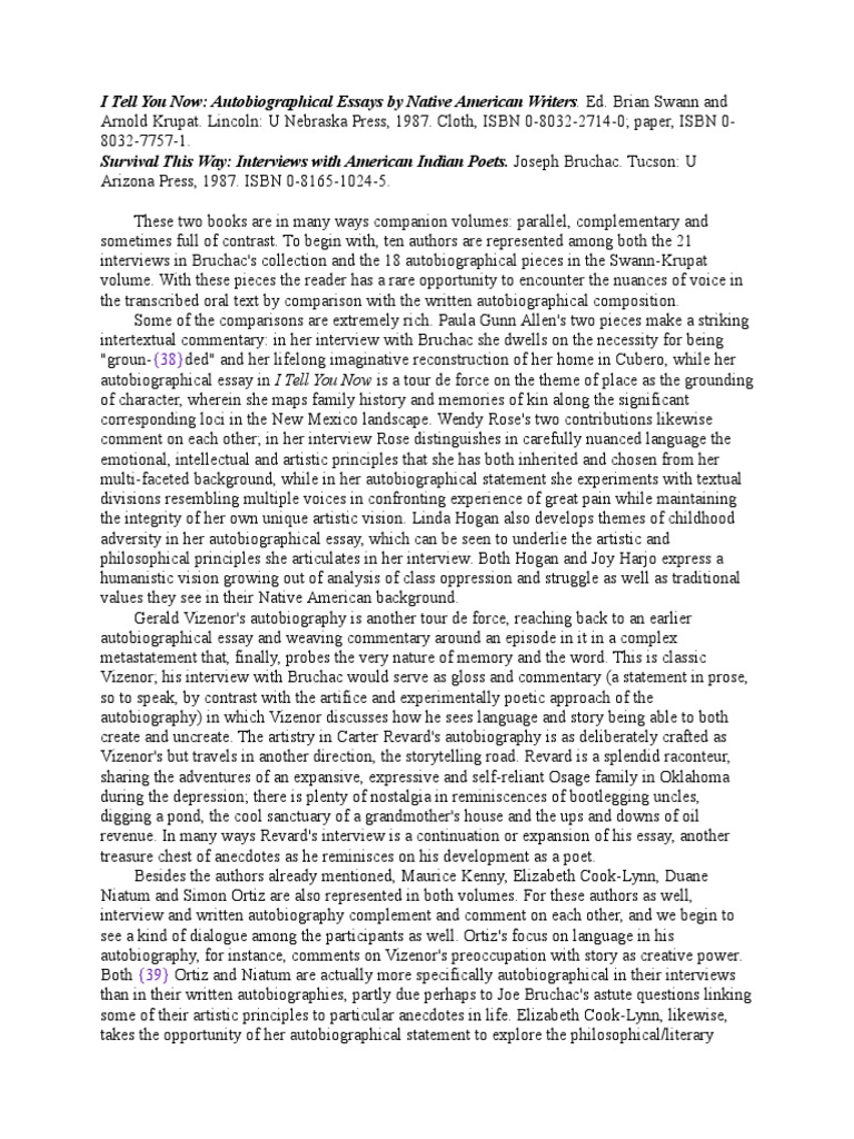 I Tell You Now Autobiographical Essays by Native American Writers | PDF ...