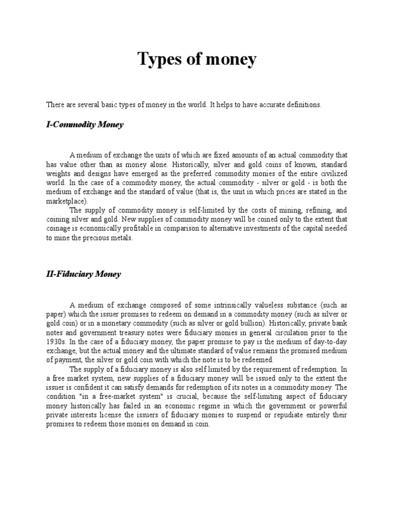 Types of Money | PDF | Fiat Money | Medium Of Exchange