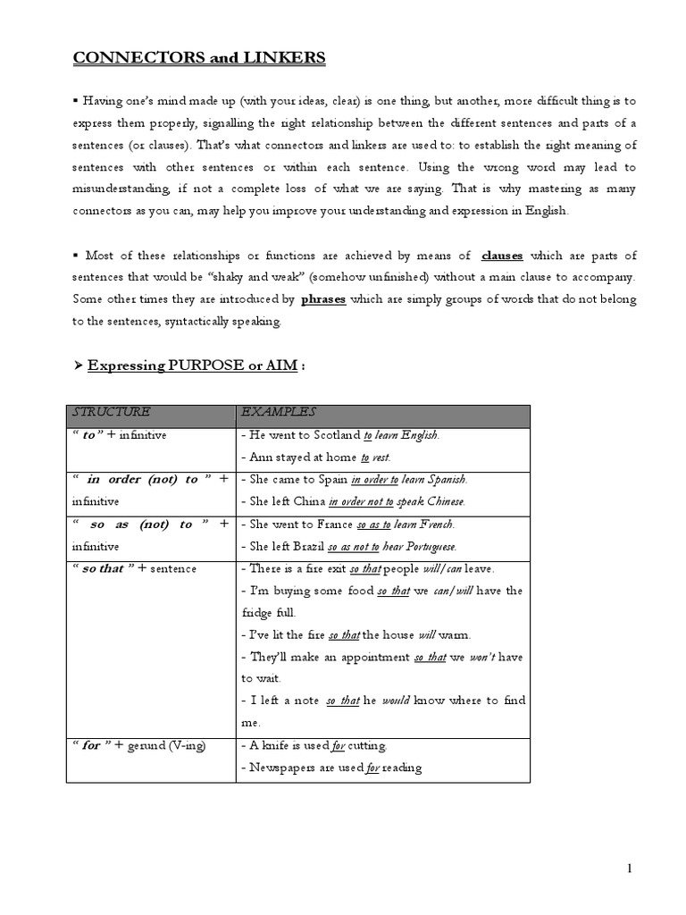 Connectors and Linkers | PDF | Sentence (Linguistics) | English Language