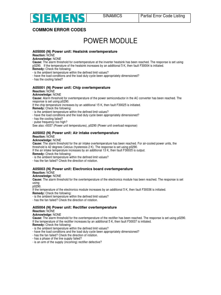 Siemens Sinamics Drive Fault Codes | PDF | Electric Motor | Rectifier