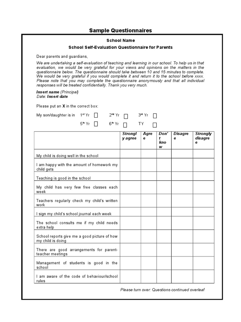 Sample Questionnaires: School Name School Self-Evaluation Questionnaire ...