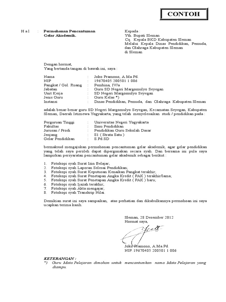 Contoh Surat Permohonan Pencantuman Gelar Akademik (Dari Ybs) | PDF | Karier & Perkembangan