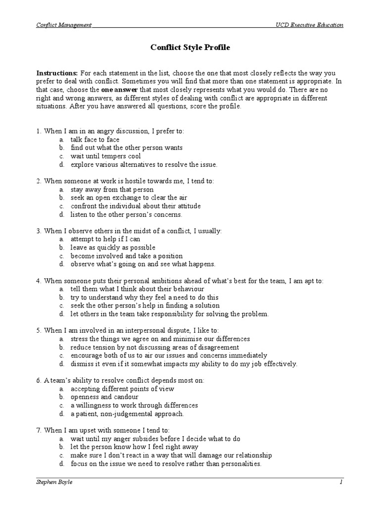 Conflict Style Profile | PDF | Conflict (Process) | Anger