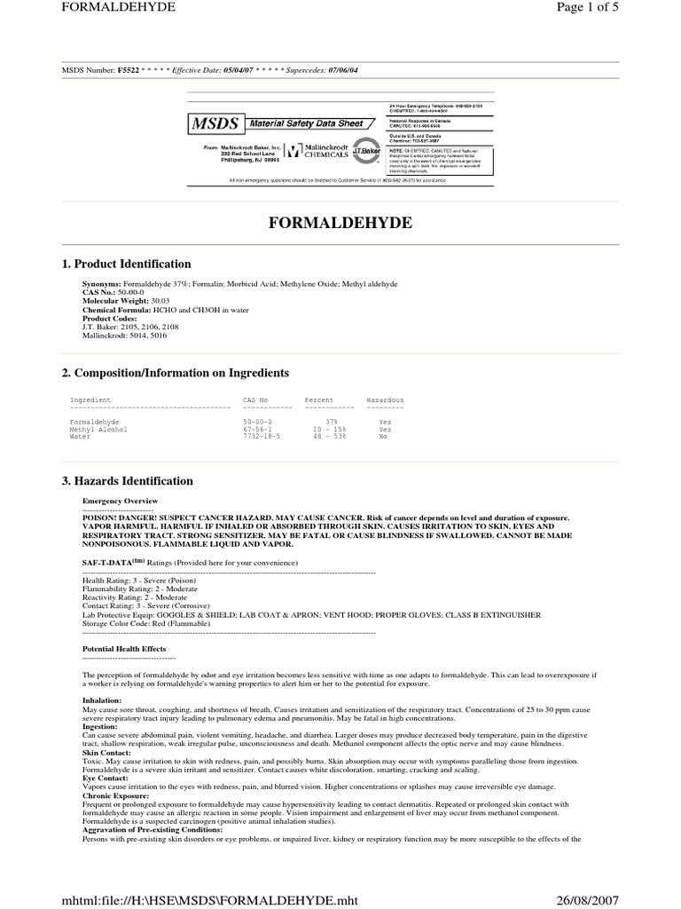 Formaldehyde: 1. Product Identification | PDF | Formaldehyde ...