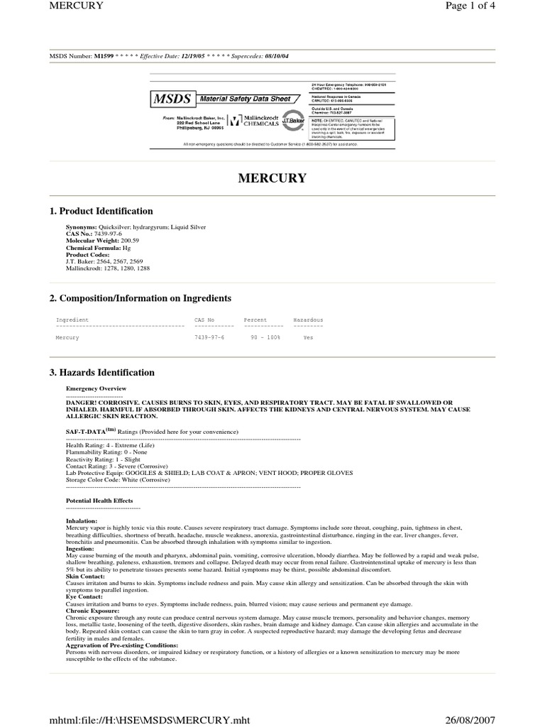 Mercury: 1. Product Identification | PDF | Mercury (Element) | Allergy