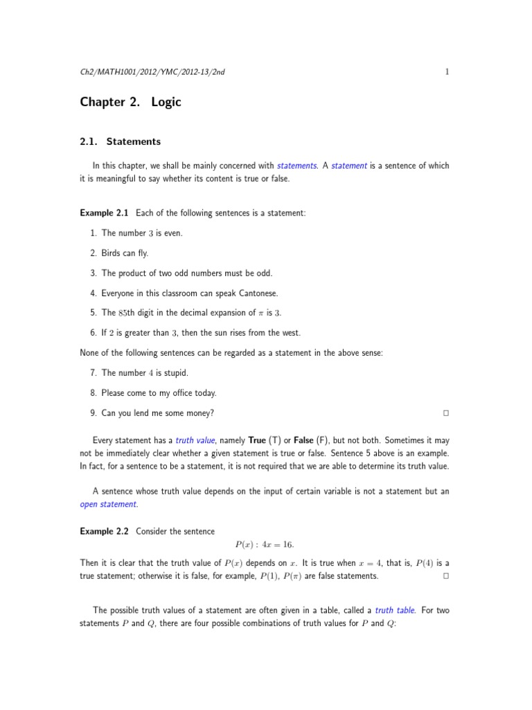 Chapter 2. Logic: 2.1. Statements | PDF | Contradiction | Logical ...