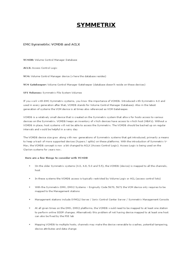 Symmetrix: EMC Symmetrix: VCMDB and ACLX | PDF | Backup | Computer Data Storage
