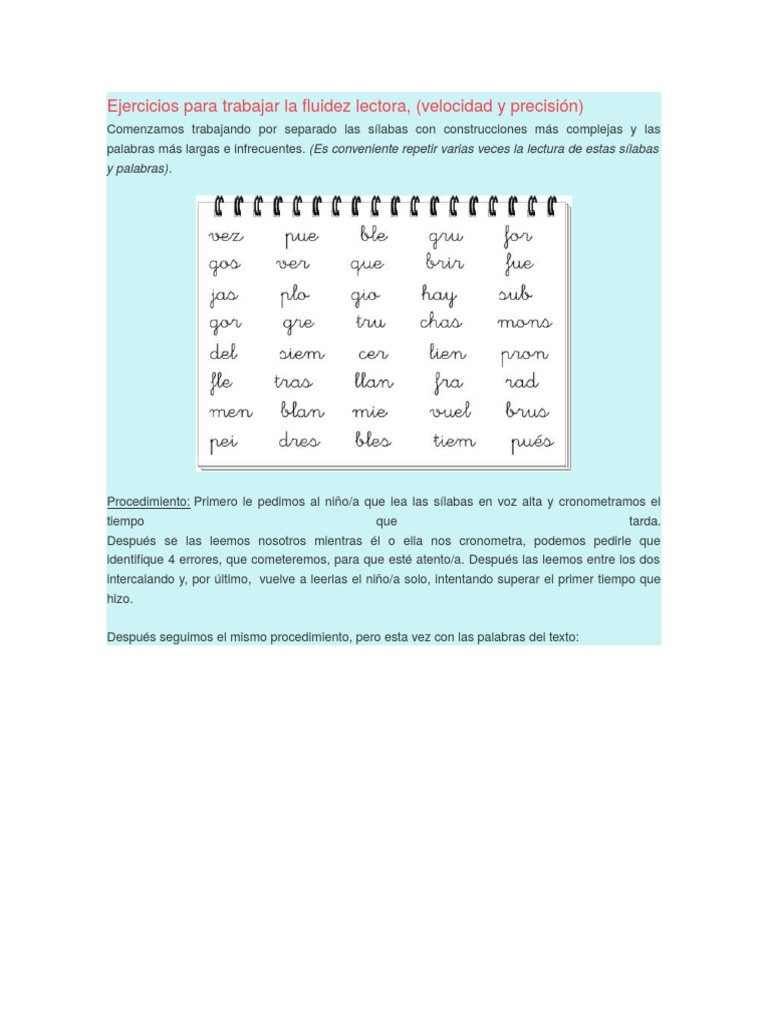 Ejercicios para mejorar la fluidez lectora | PDF | Lectura (proceso ...