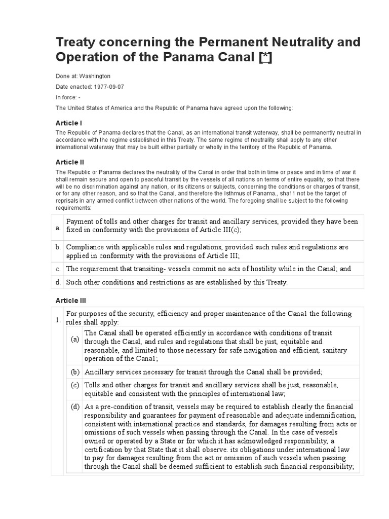 Treaty Concerning The Permanent Neutrality And Operation Of The Panama